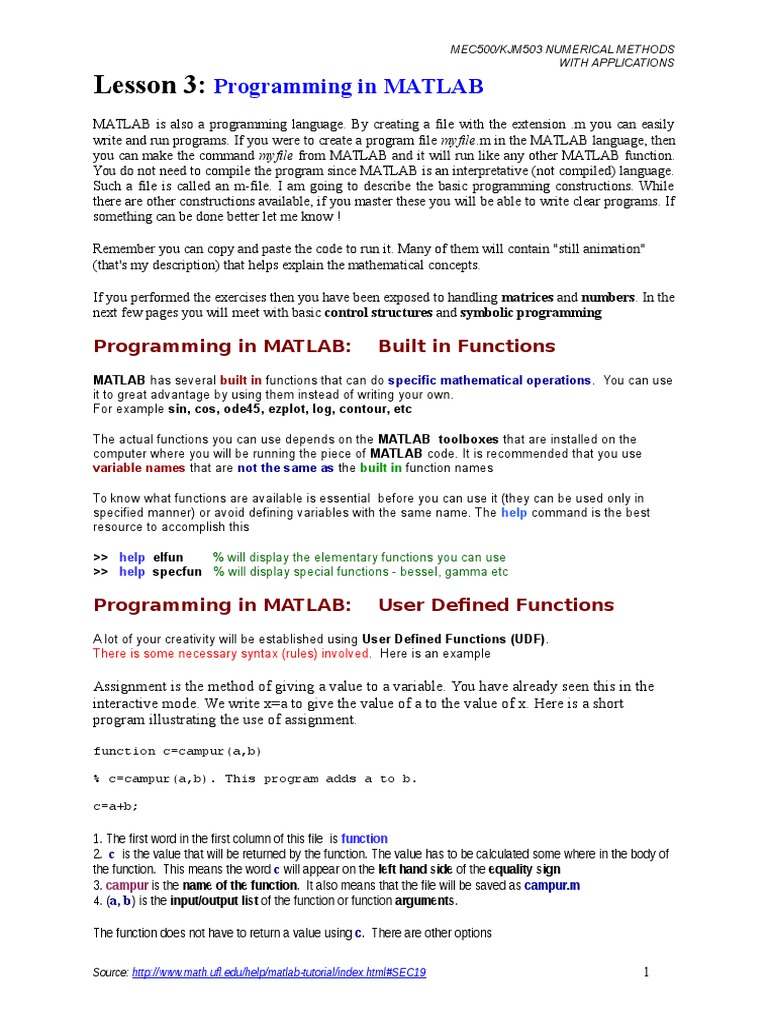MEC500 Programming in MATLAB | PDF | Control Flow | Matlab