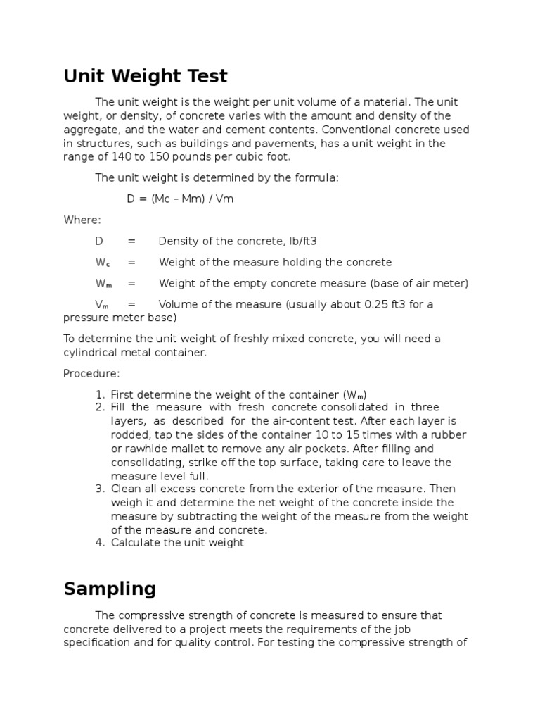 Concrete Unit Weight Testing Procedure | PDF | Concrete | Building ...