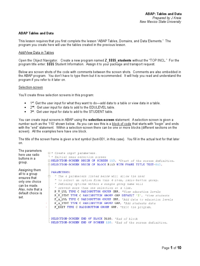 Abap 020 Tables And Data Pdf Parameter Computer Programming Subroutine