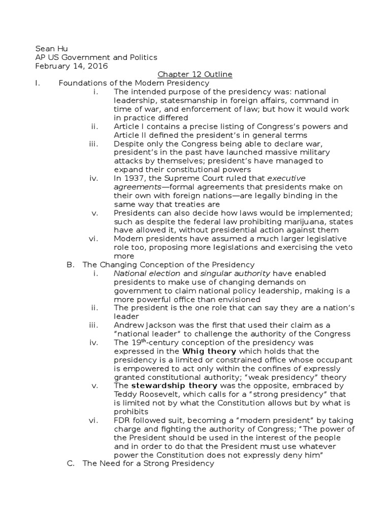 Chapter 12 Outline The Presidency - Leading The Nation | PDF ...