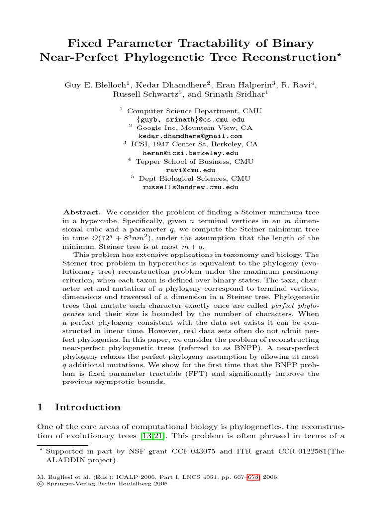 Fixed Parameter Tractability of Binary Near-Perfect Phylogenetic Tree Reconstruction | PDF ...