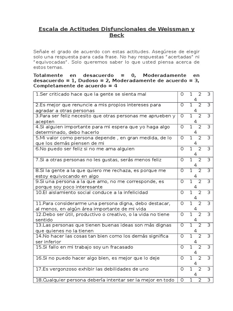 Escala de Actitudes Disfuncionales de Weissman y Beck | PDF | Felicidad ...