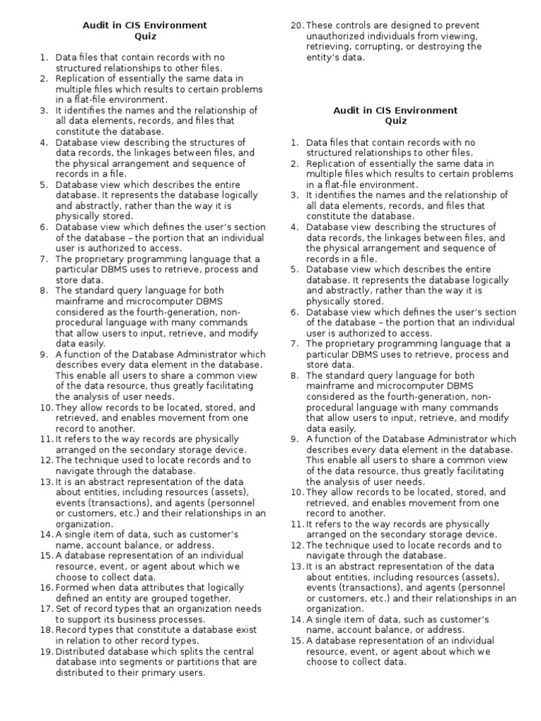 Audit in CIS Environment Quiz 2 | PDF | Databases | Computer File