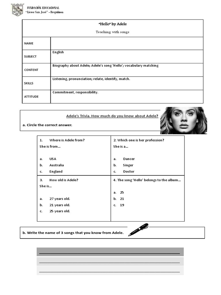 Adele Hello Worksheet Pdf Adverb Adjective