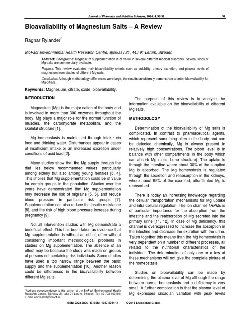 Bioavailability of Magnesium Salts | PDF | Magnesium | Homeostasis