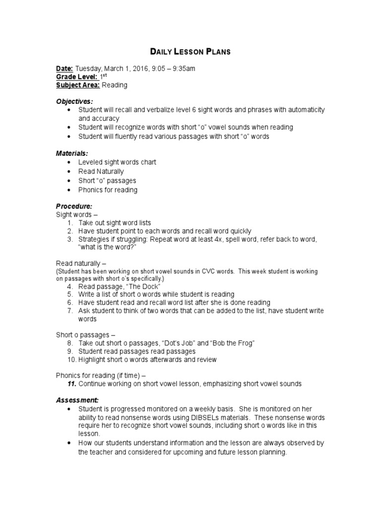Grade 1 Short Vowel Lesson Plan | PDF
