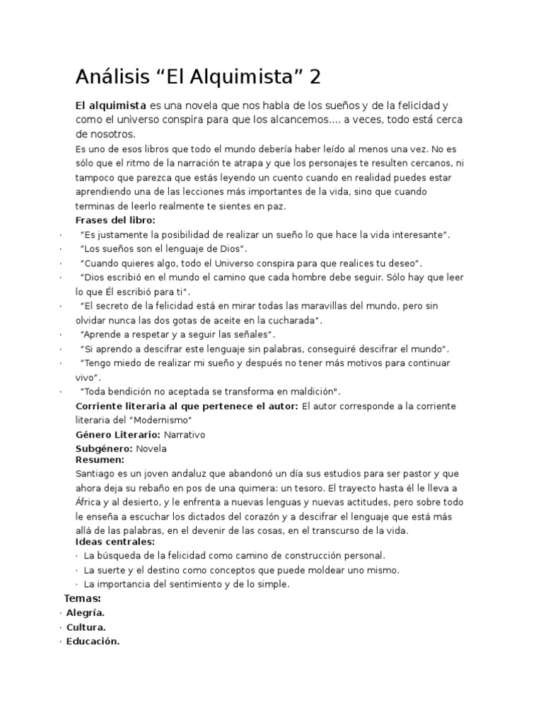 Análisis de "El Alquimista" y sus lecciones | PDF | Alquimia | Amor
