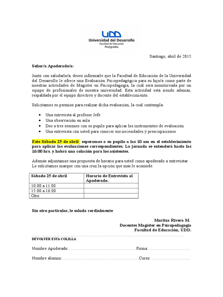 Ejemplo de Comunicación Al Apoderado | PDF