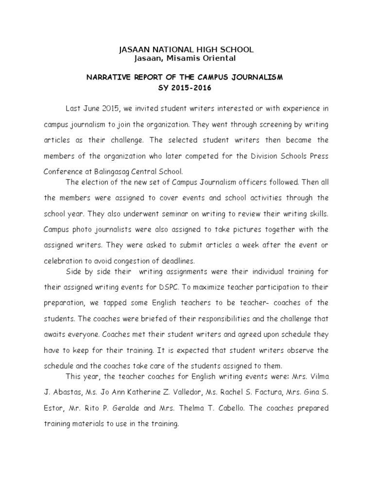 Campus Journal - Narrative Report | PDF | Reading Comprehension ...