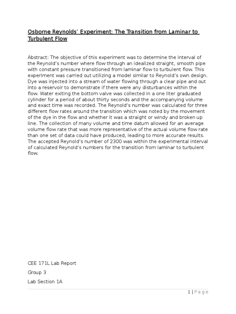 Reynold's Experiment Lab Report | PDF | Reynolds Number | Turbulence