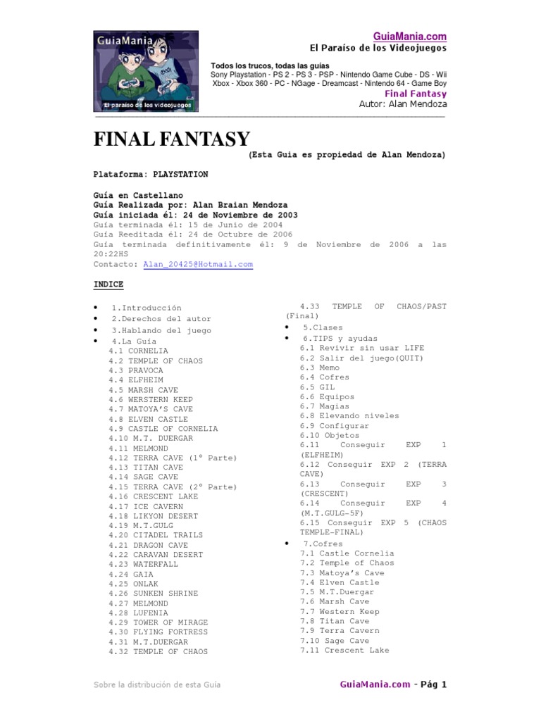 Guía Completa de Final Fantasy 1 | PDF