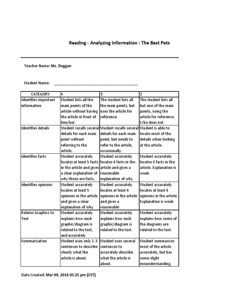 Reading Analysis Rubric: The Best Pets | PDF
