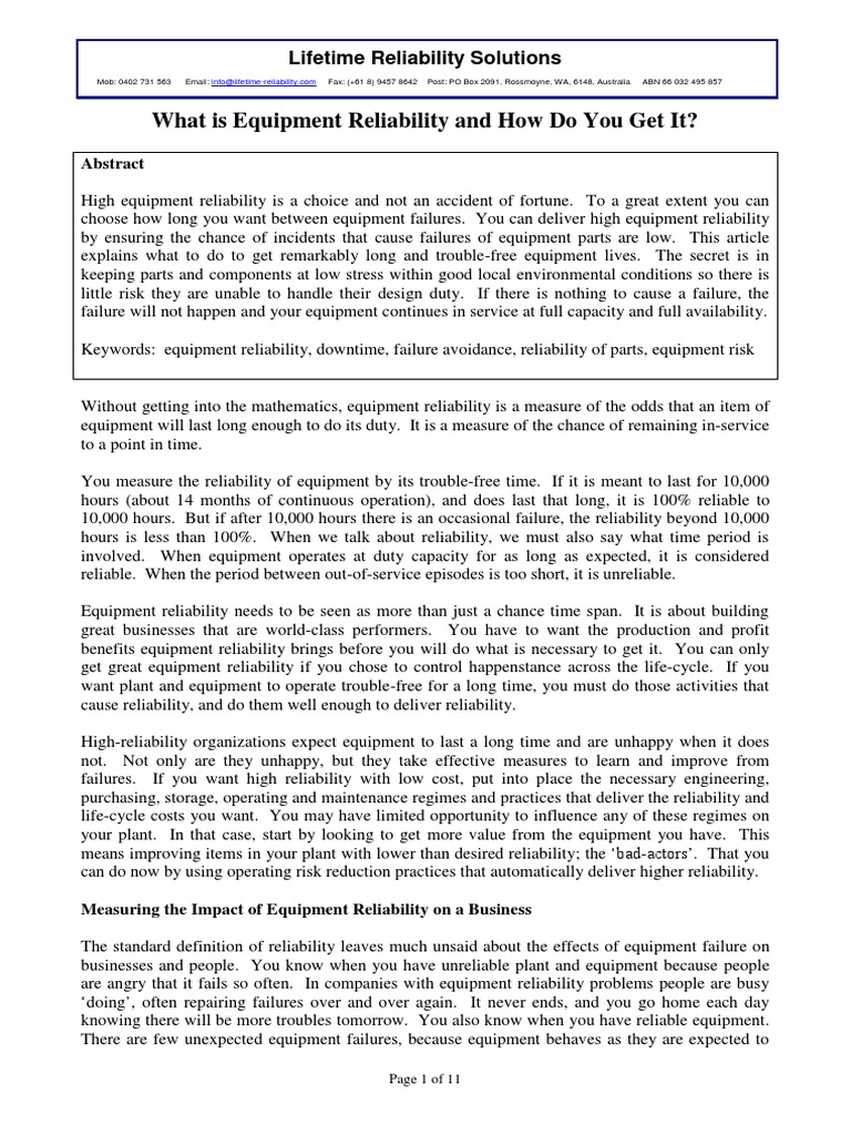 What Is Equipment Reliability and How Do You Get It | PDF | Reliability ...
