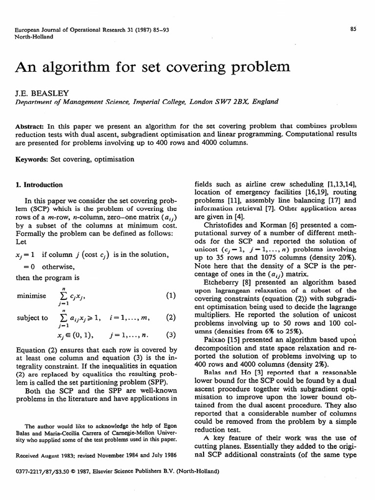 An Algorithm For Set Covering Problem Pdf Mathematical Optimization Linear Programming