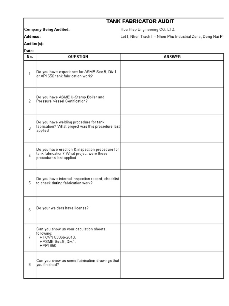 Tank Fabricator Audit Checklist | PDF | Technology & Engineering