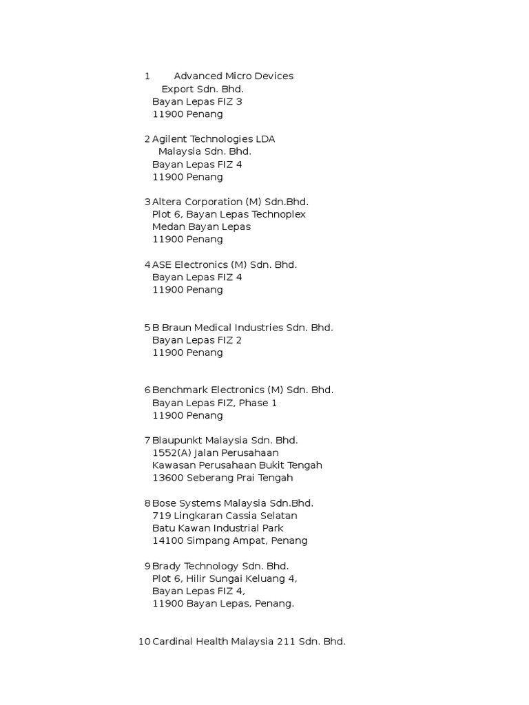 Penang Factory and Company Directory | PDF