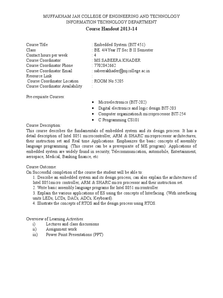 ES Course Handout (BIT451) | PDF | Embedded System | Microprocessor