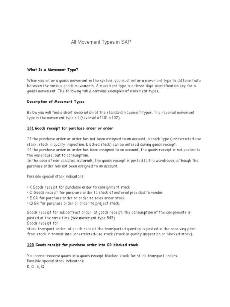 Movement Types in Sap | PDF | Warehouse | Inventory