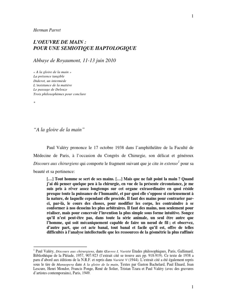 Apologie de la main : sémiotique haptologique | PDF | Philosophie