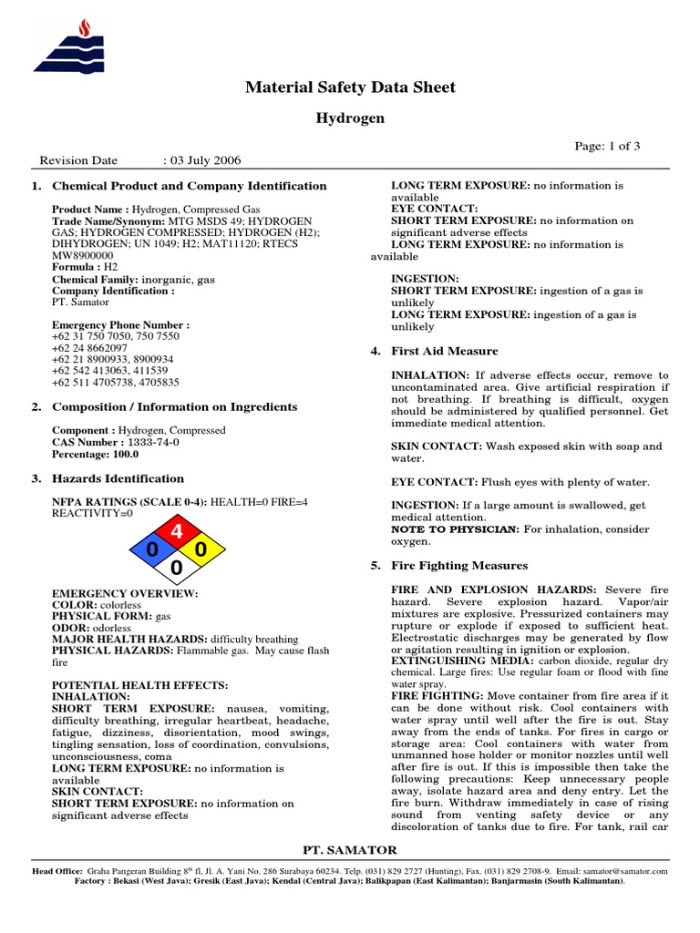 H2 Gas Samator Msds Produknya | PDF | Flammability | Combustion