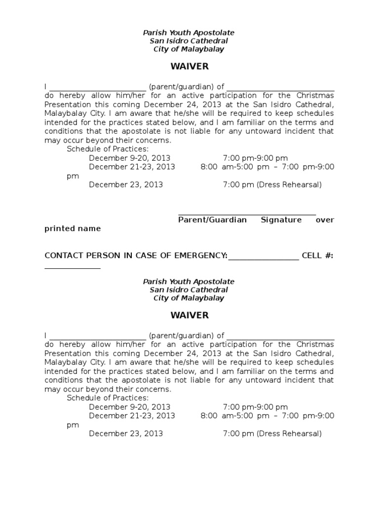 Waiver: Parent/Guardian Signature Over Printed Name | PDF