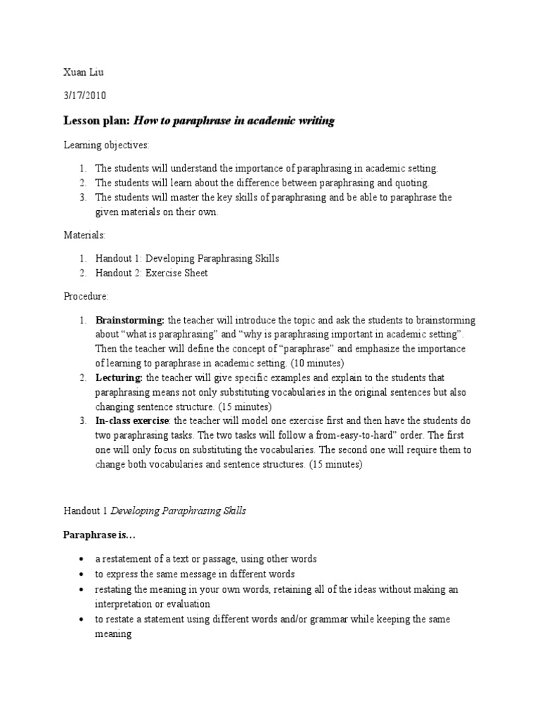Lesson Plan: How To Paraphrase in Academic Writing | Download Free PDF ...