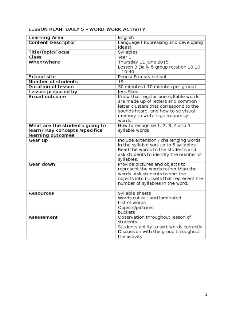 Syllable Lesson Plan for Year 1 | PDF | Lesson Plan | Syllable