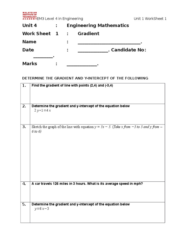 Unit 4: Engineering Mathematics Work Sheet 1: Gradient Name: - Date ...