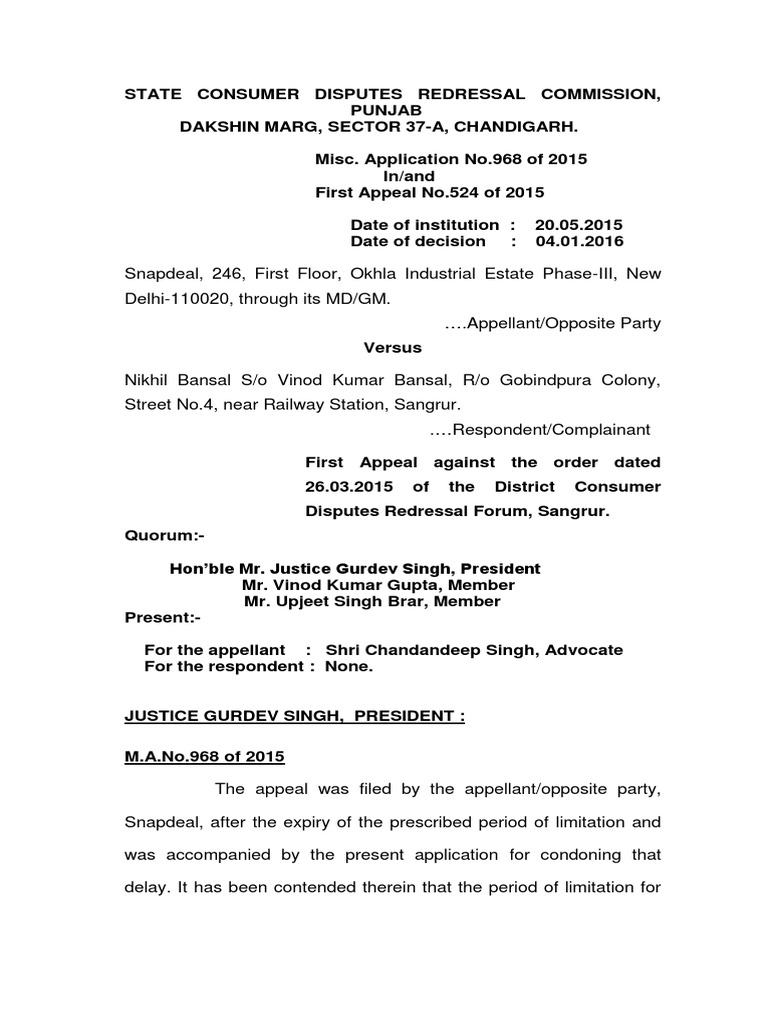 Consumer - Punjab SCDRC Holds SNAPDEAL Responsible For Non Fulfilling ...