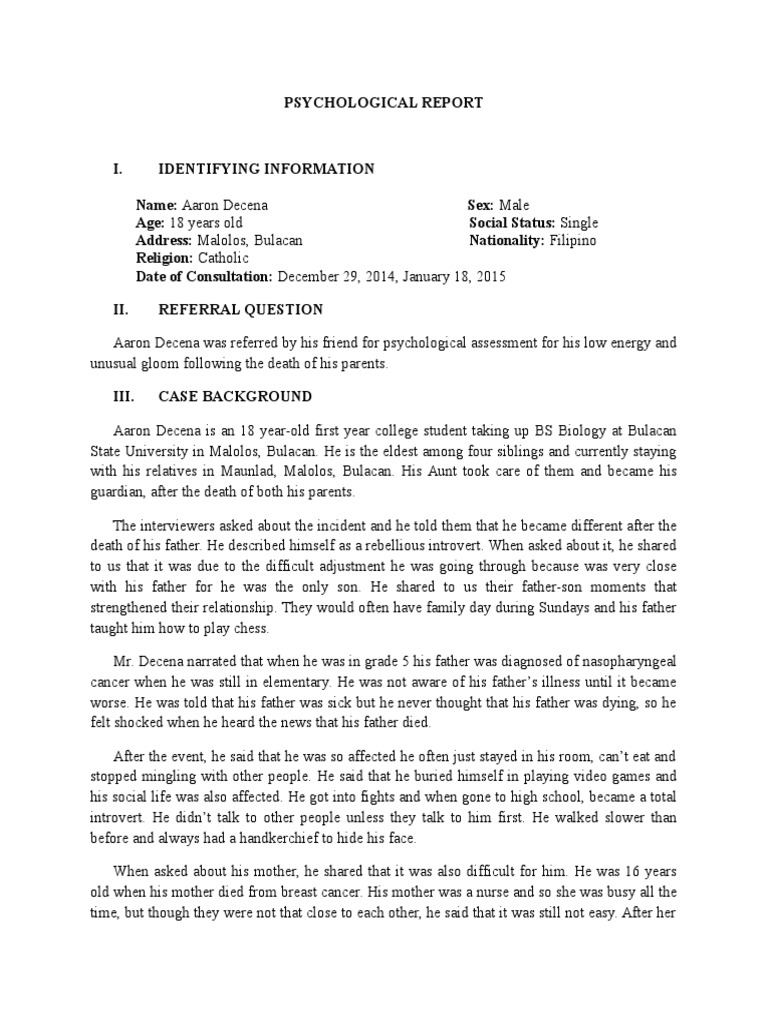 Psychological Report: Aaron Decena | PDF | Major Depressive Disorder ...