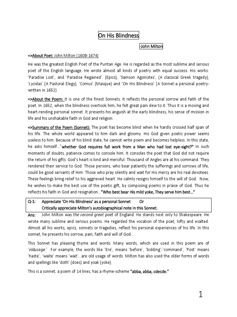 7142on His Blindness Notes PDF | PDF | Sonnets | John Milton