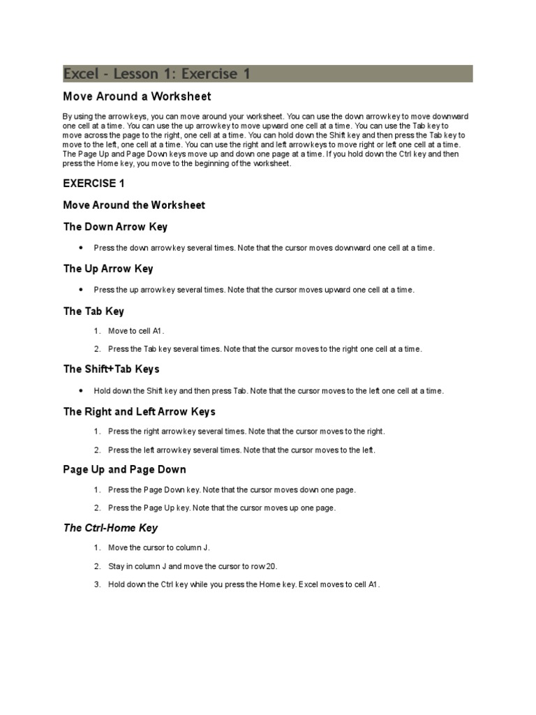 Excel - Lesson 1: Exercise 1: Move Around A Worksheet | Download Free PDF | Text | Computing