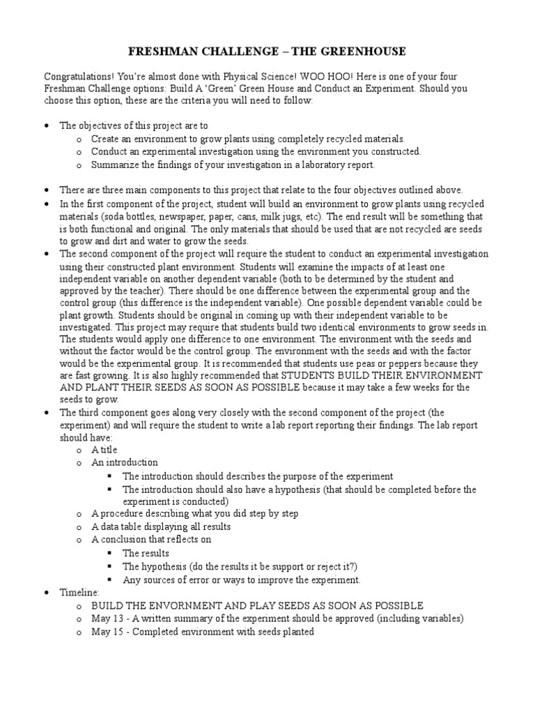 Greenhouse Project for Freshman Science | PDF | Experiment | Greenhouse