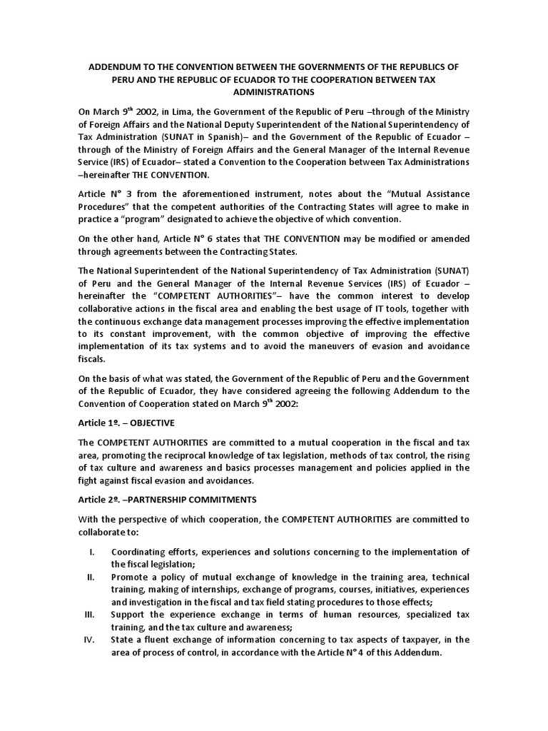 TIEA Agreement Between Ecuador and Peru | PDF | Judiciaries | Taxes