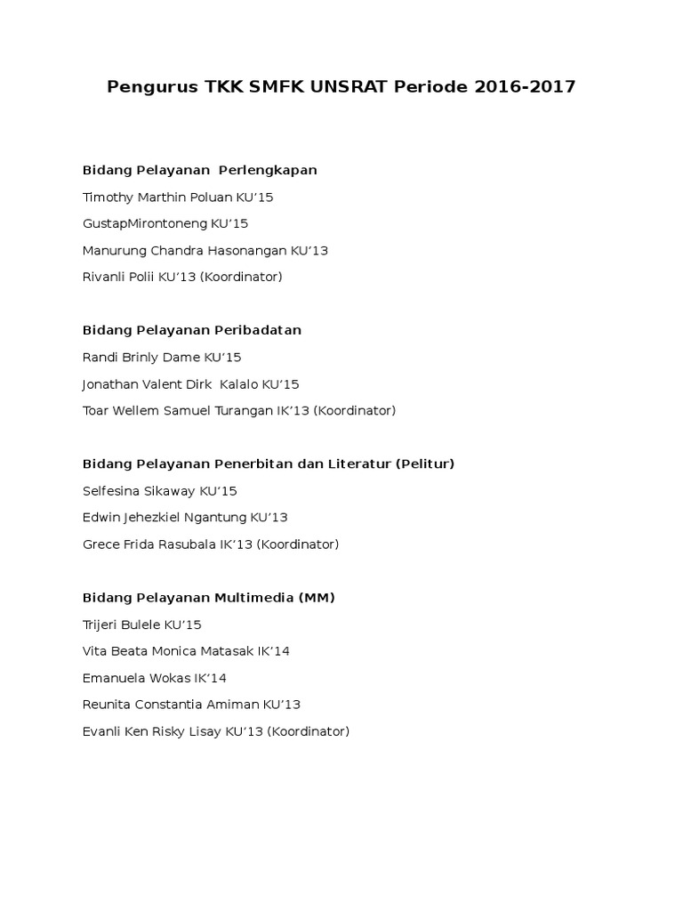 Pengurus TKK Bemfk Unsrat Periode 2016-2017 | PDF | Perjalanan | Seni