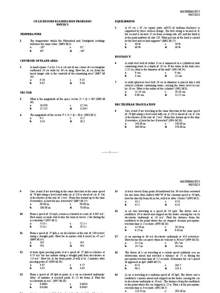 Physics Problems for CE Examination | PDF | Acceleration | Speed