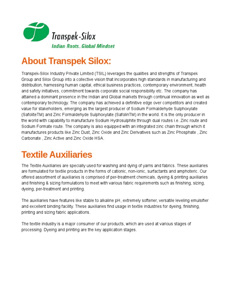 Textile Auxiliaries Manufacturers - Transpek Silox | PDF | Textiles | Dye