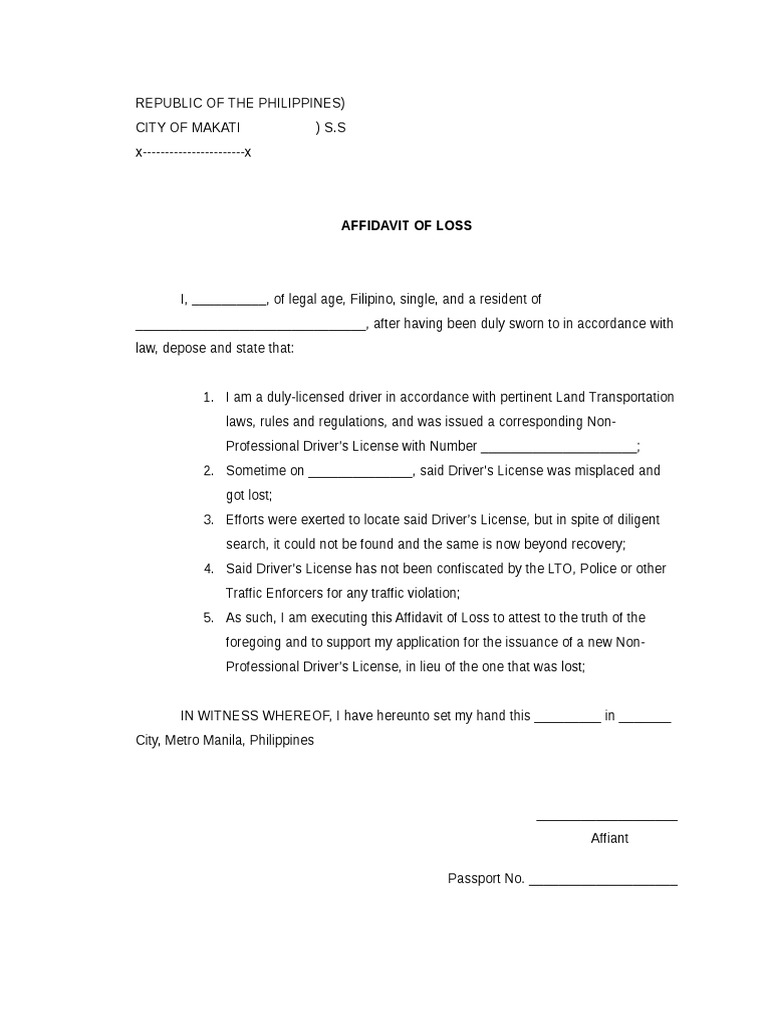 Affidavit of Loss (Driver's License) | PDF