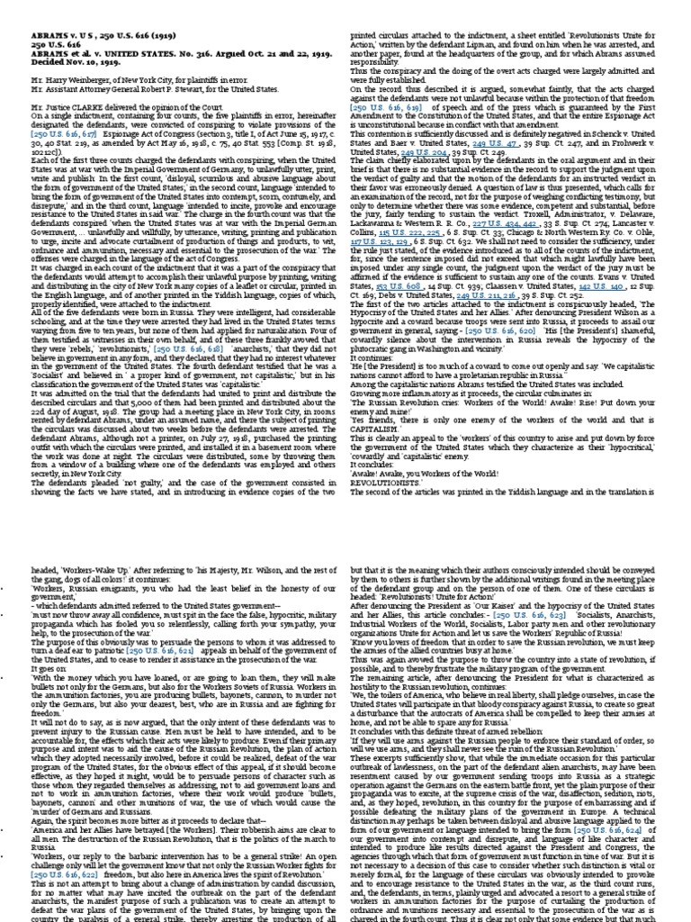 Abrams Vs Us | PDF | Intention (Criminal Law) | Russian Revolution
