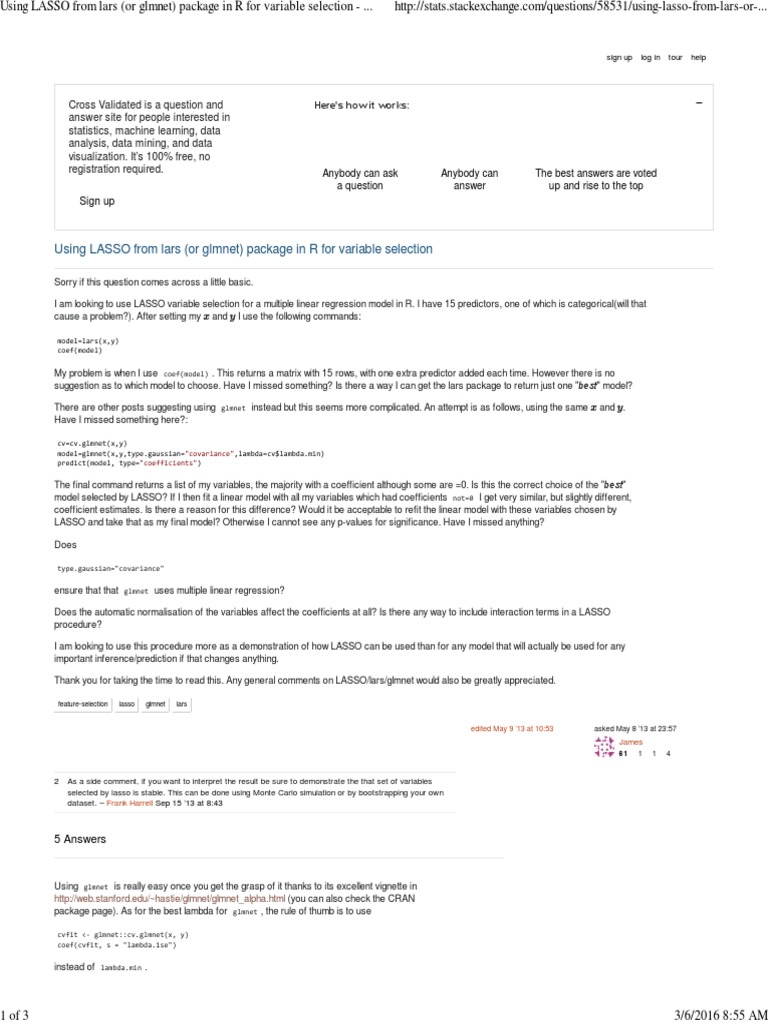 Using LASSO From Lars (Or Glmnet) Package in R For Variable Selection - Cross Validated PDF ...