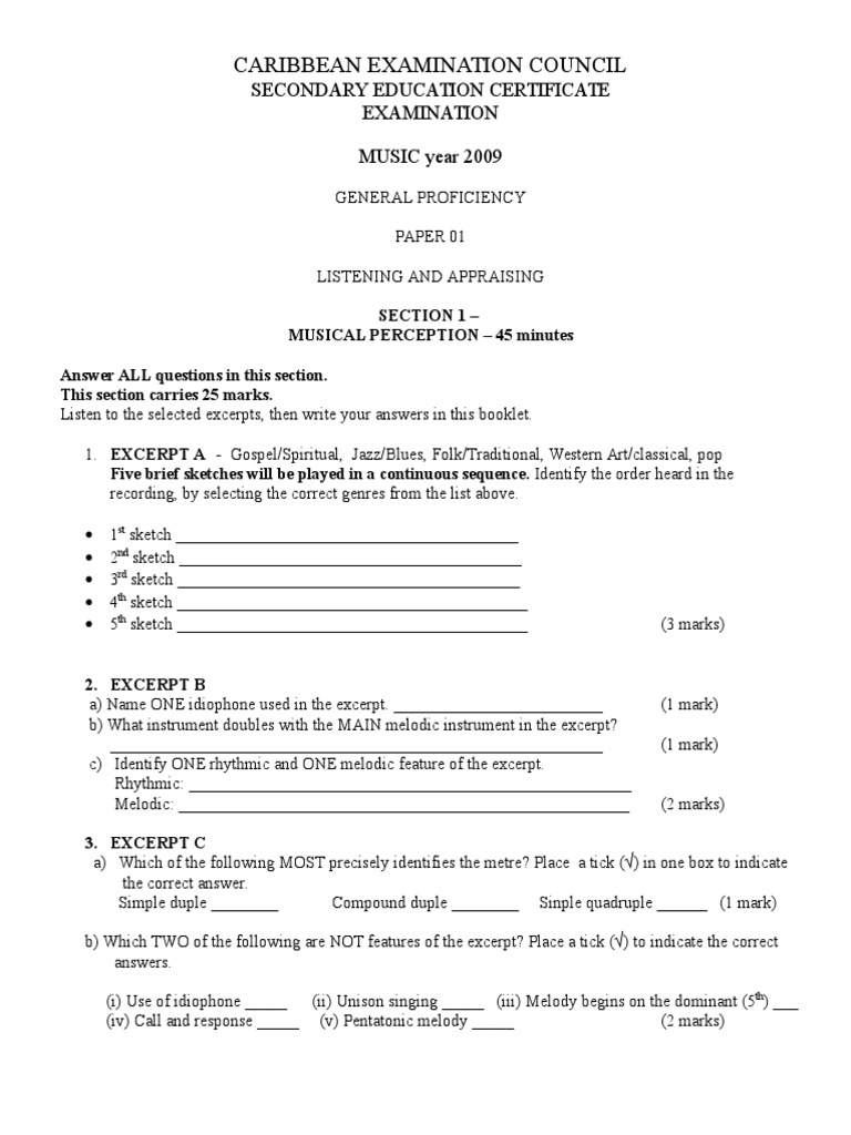 2009 CSEC Music Exam Listening Paper | PDF