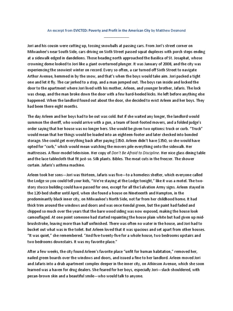 "Evicted," an excerpt of the new book by Matthew Desmond