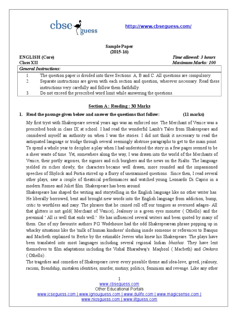 Sample Paper (2015-16) ENGLISH (Core) Class XII: Time Allowed: 3 Hours Maximum Marks: 100 ...