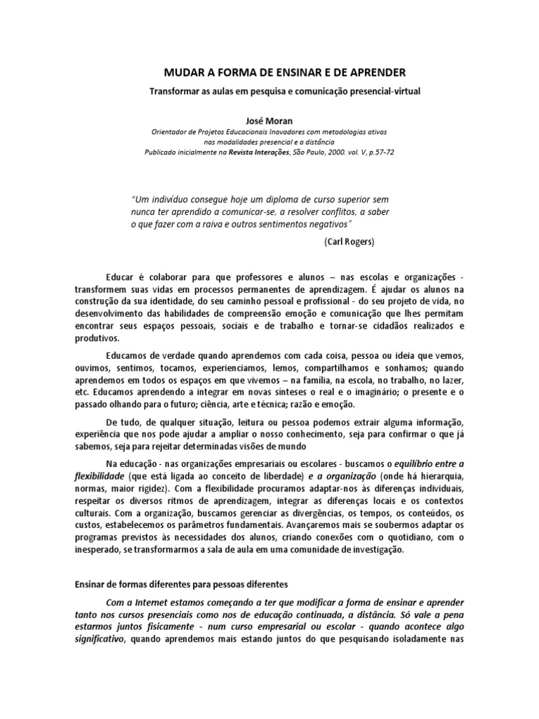 Mudar A Forma de Ensinar e de Aprender - José Moran | PDF | Internet ...