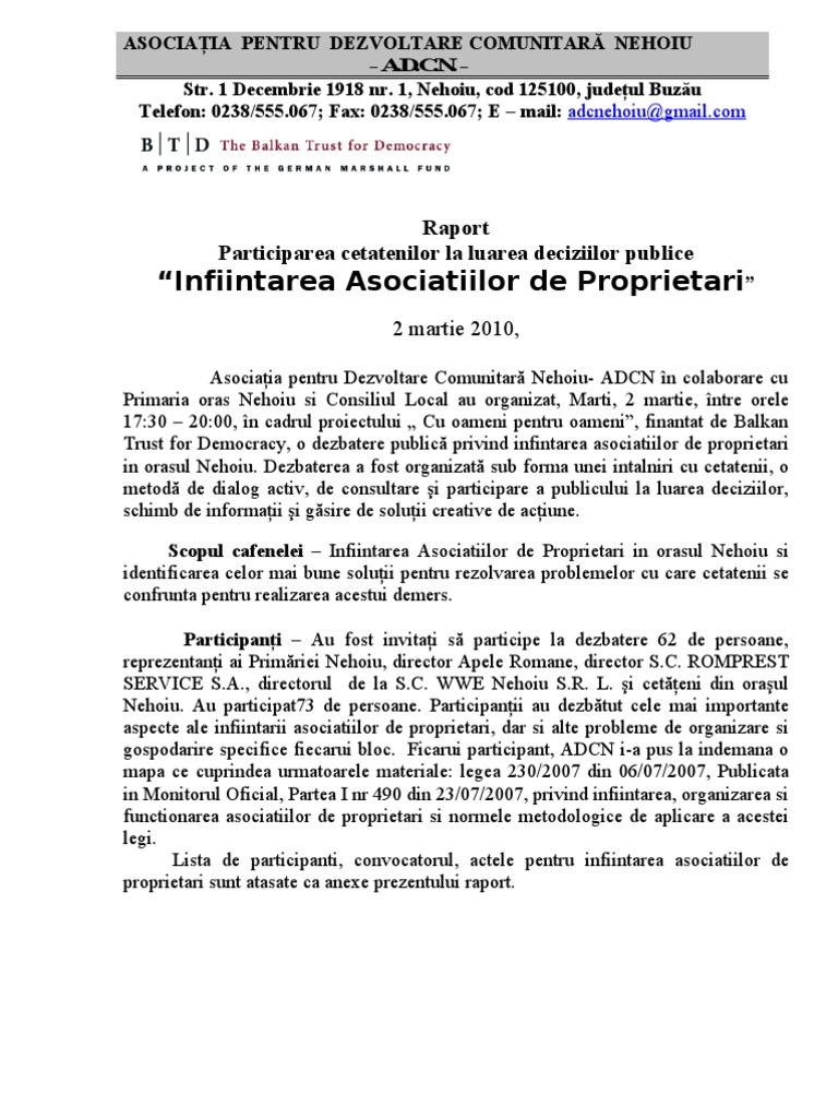 Raport Asociatie de Proprietari | PDF