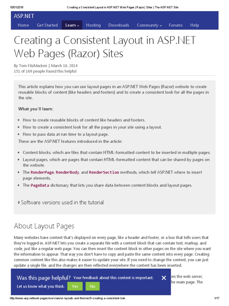 Creating A Consistent Layout In Asp Net Web Pages Razor Sites The Asp Pdf Page Layout