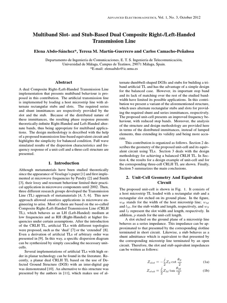 Multiband Dual Composite Right-/Left-Handed Transmission Line | PDF ...