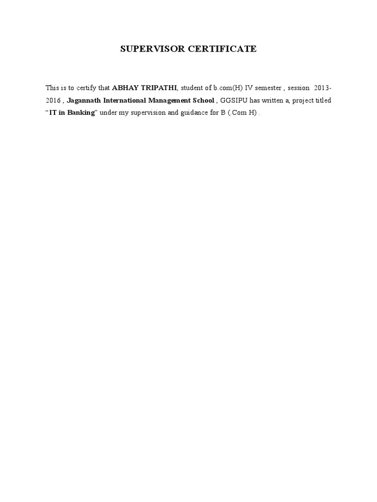 Supervisor Certificate for IT in Banking Project | PDF | Reserve Bank ...