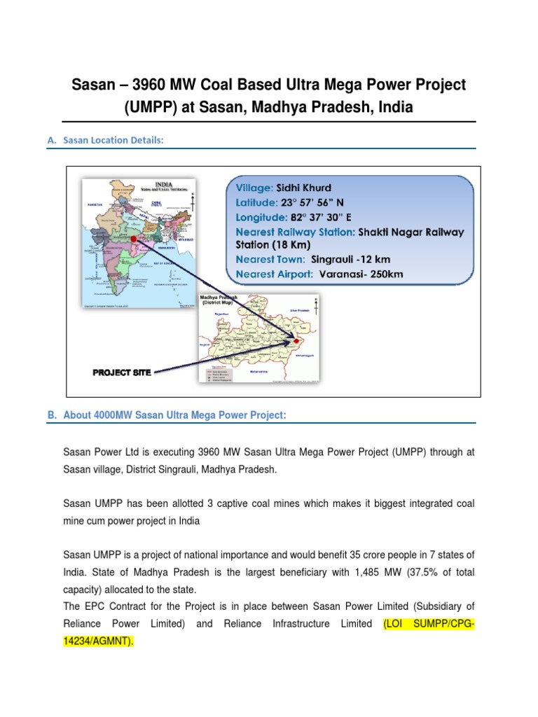 Sasan Ultra Mega Power Project Overview | PDF | Coal | Power (Physics)
