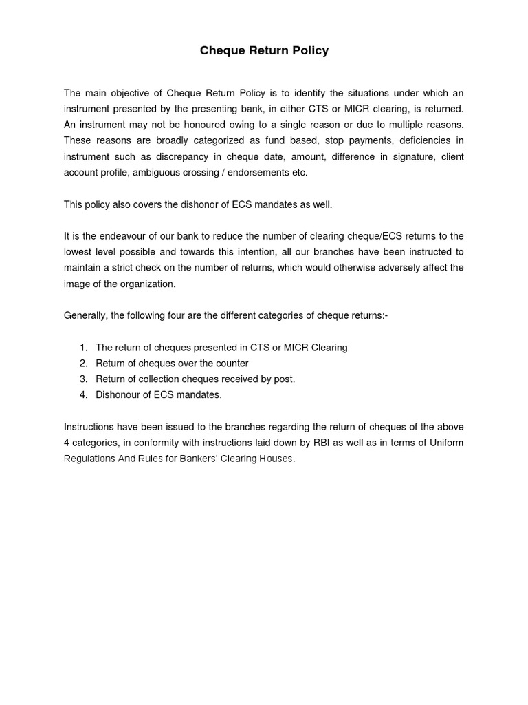 Cheque Return Policy | PDF | Cheque | Money